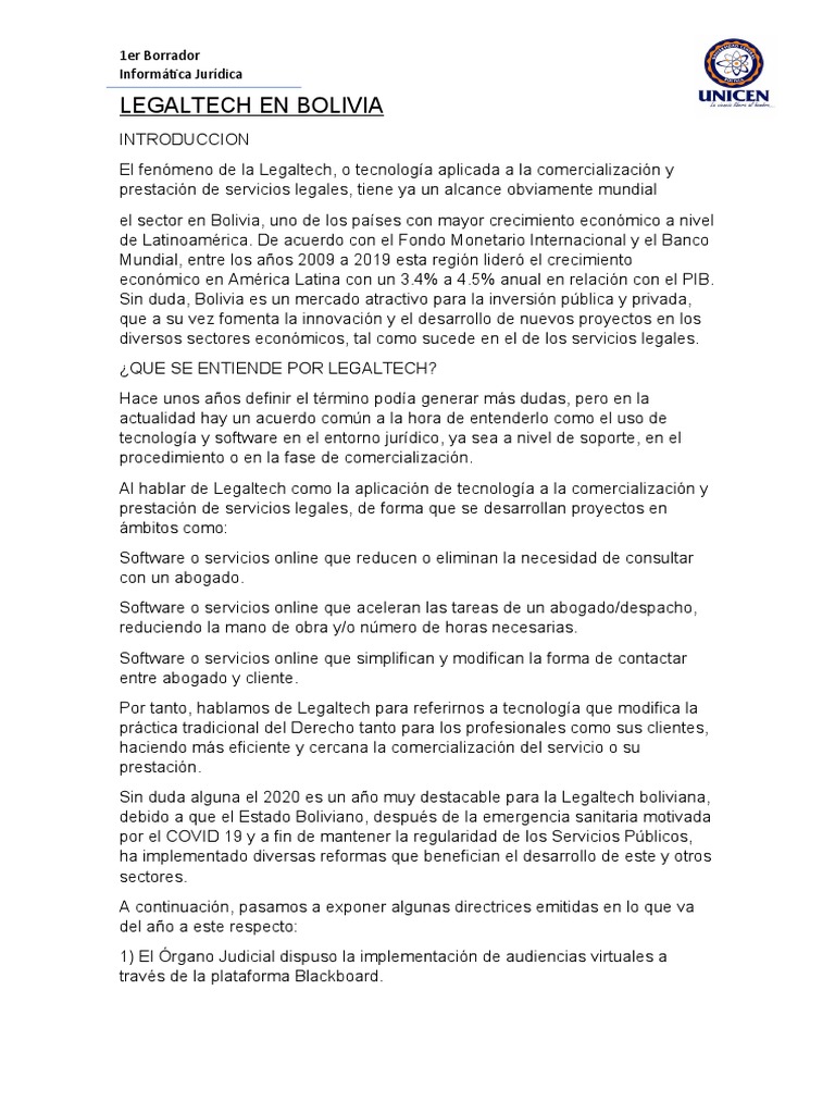 Legaltech en Bolivia Primer Borrador | PDF
