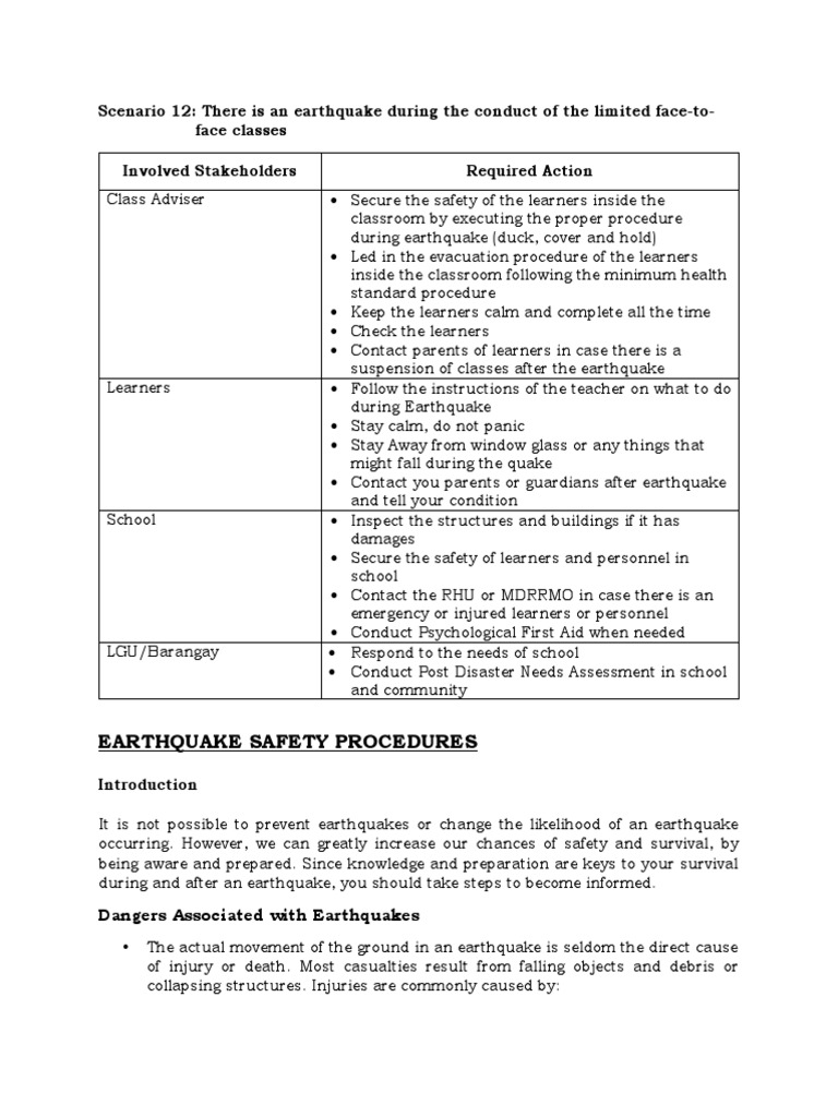 Earthquake Safety Procedures and Checklist for Schools | PDF ...