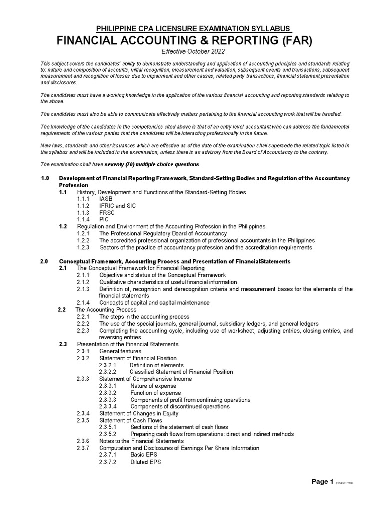 FAR Syllabus - Oct 2022 CPALE | PDF | Historical Cost | Financial Statement