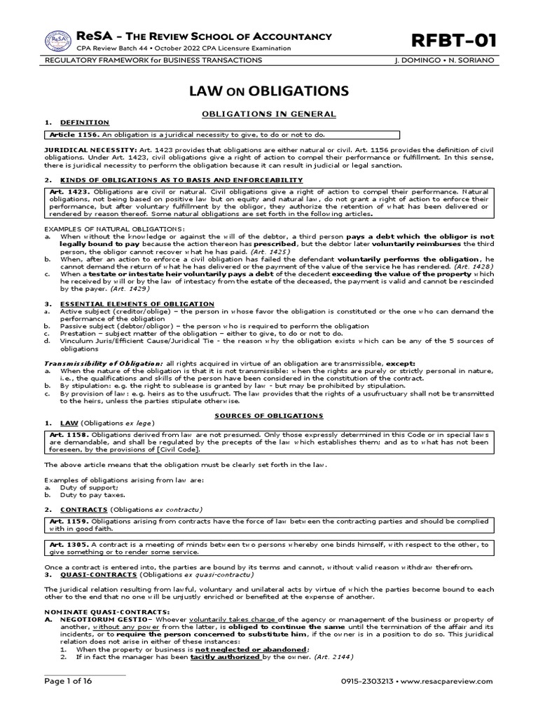 RFBT-01 (Obligations) | PDF | Payments | Negligence