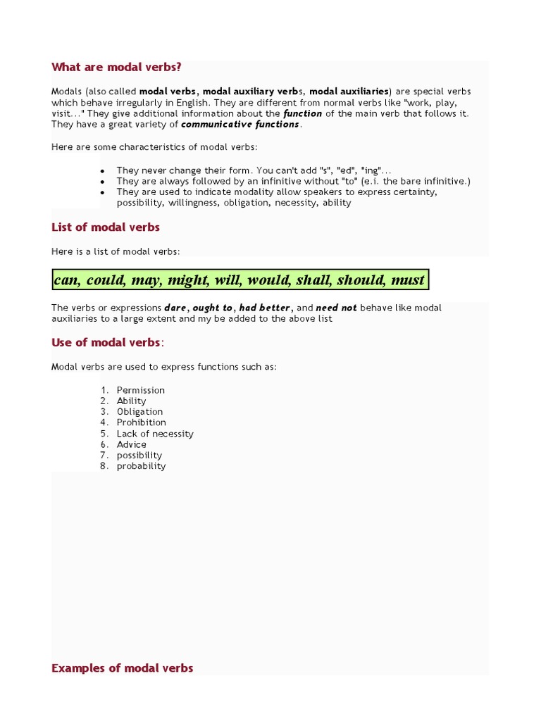 Modal Verbs + Exercise | PDF | Linguistics | Grammar