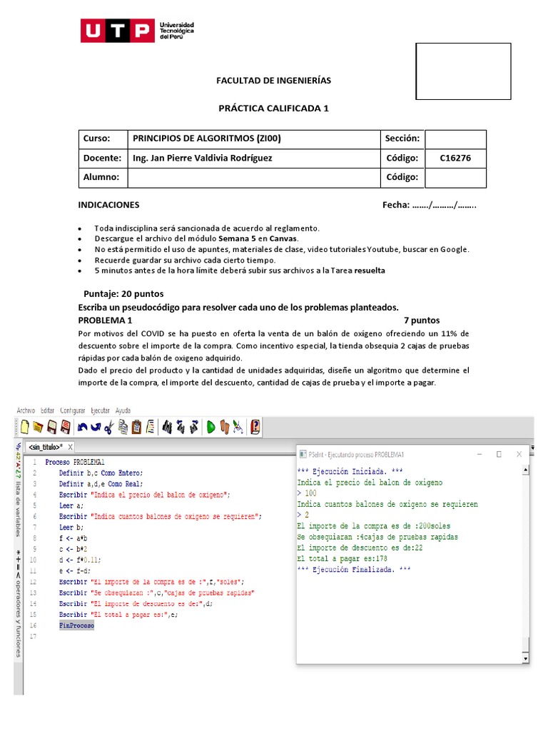 Primera Practica Calificada 1A | PDF | Prueba (evaluación) | Algoritmos