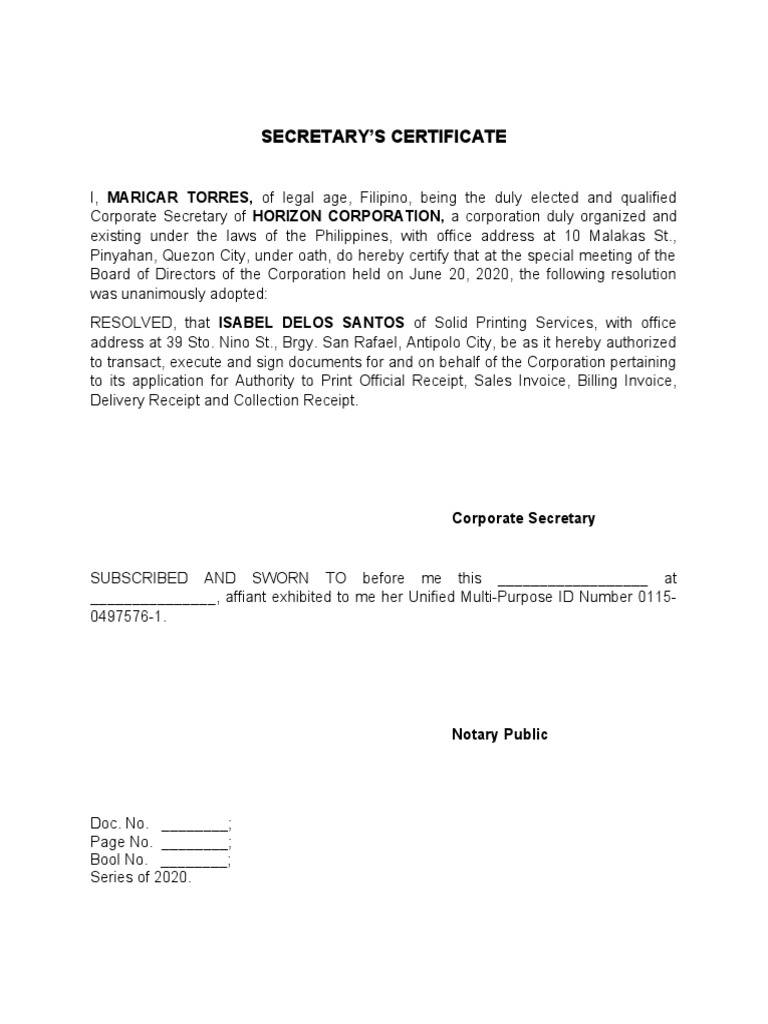 Sample Secretatry' Certificate ATP | PDF