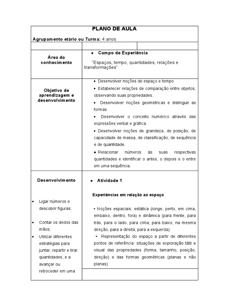 Plano de aula para desenvolver noções espaciais, temporais e de ... Plano de aula para desenvolver noções espaciais, temporais e de ...