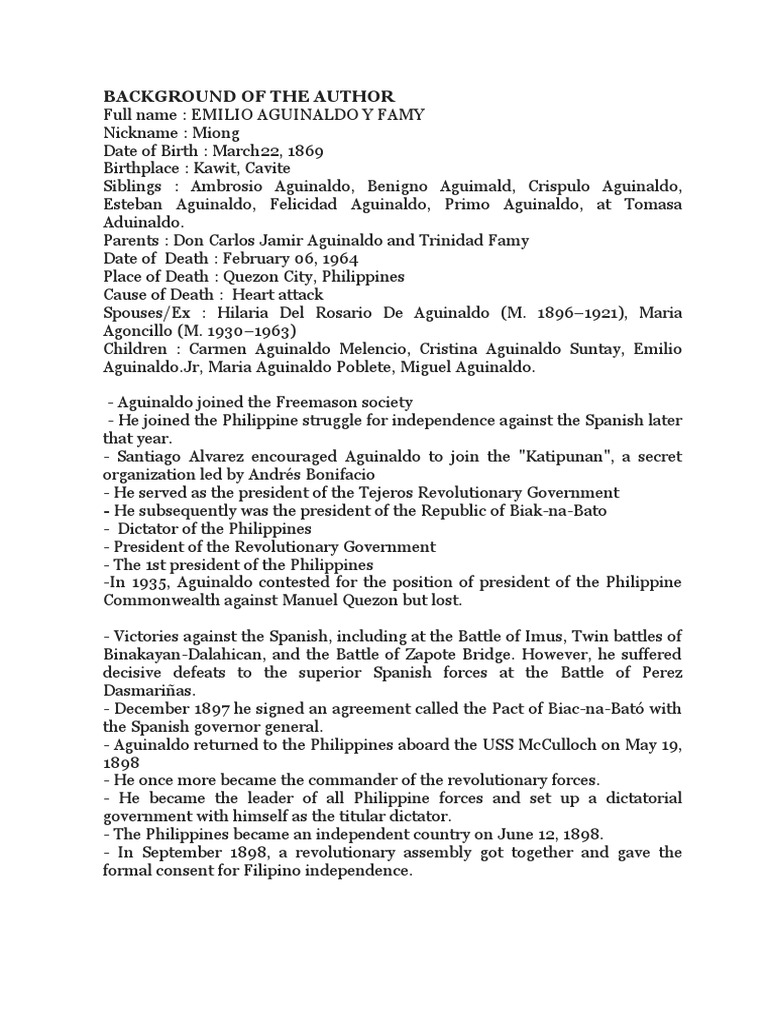 Background of The Author Gen. Emilio Aguinaldo | PDF