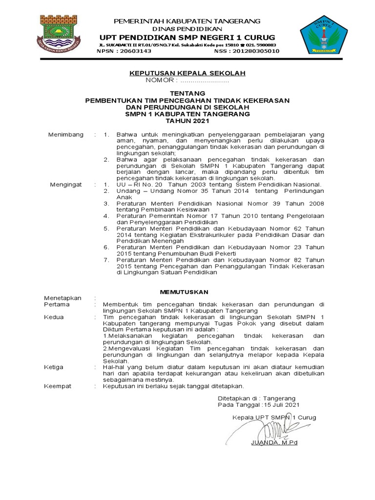 SK Pencegahan Kekerasan Dan Perundungan Anak 1 | PDF