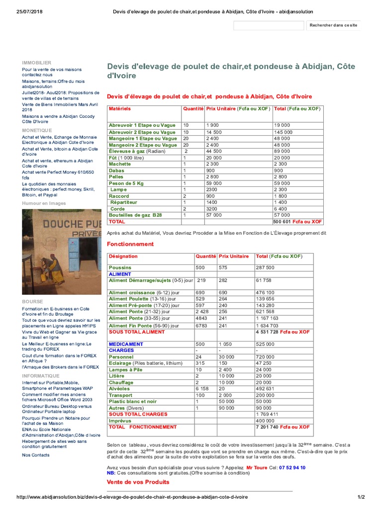 Devis D'elevage de Poulet de Chair, Et P.. | PDF