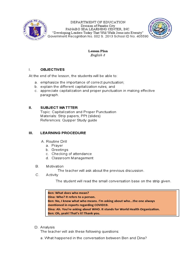 LESSON PLAN For Demo | PDF | Punctuation | Lesson Plan