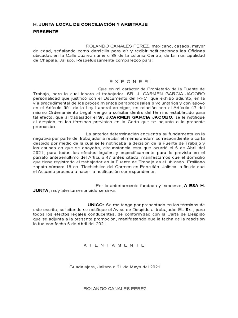 Ejemplo De Aviso De Rescision Laboral