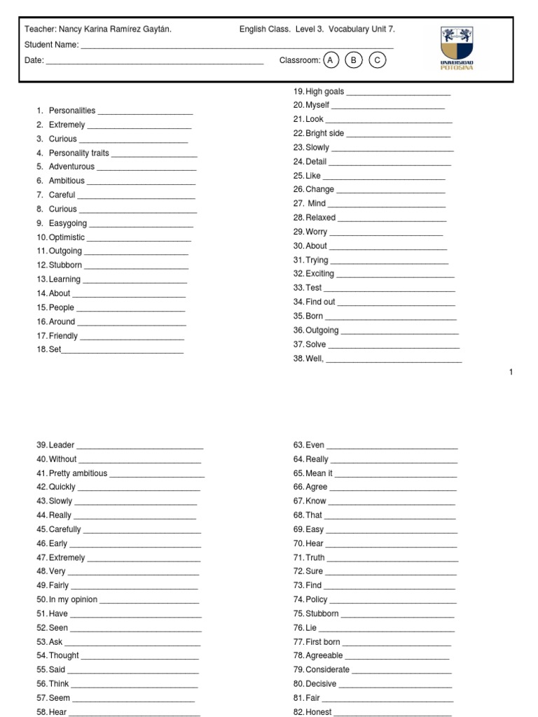 Vocabulary Level 3 Unit 7 | PDF