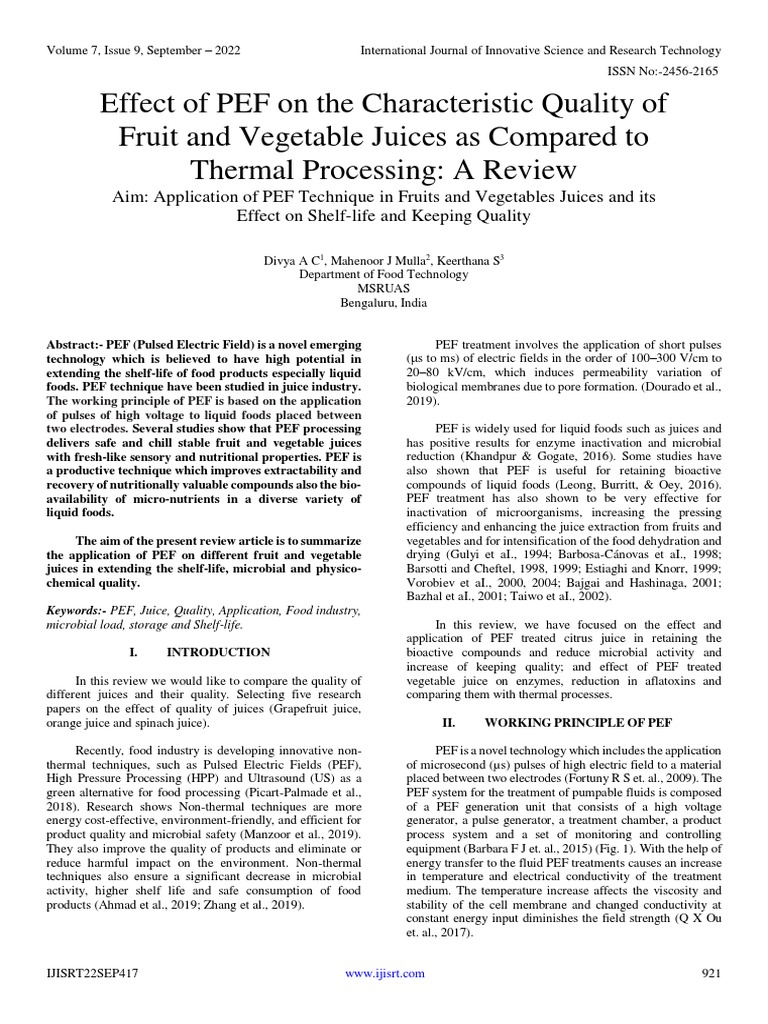 Effect of PEF On The Characteristic Quality of Fruit and Vegetable Juices As Compared To Thermal ...