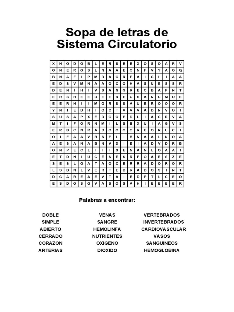 Sopa de letras: Sistema Circulatorio | PDF