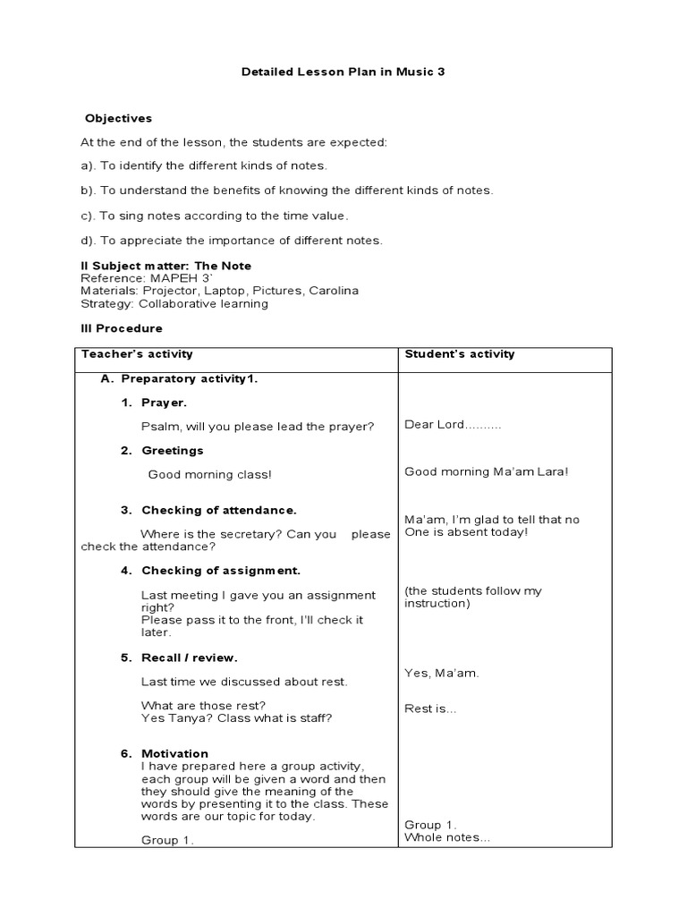 Grade 3 Music Lesson Plan: Notes | PDF | Lesson Plan | Education Theory