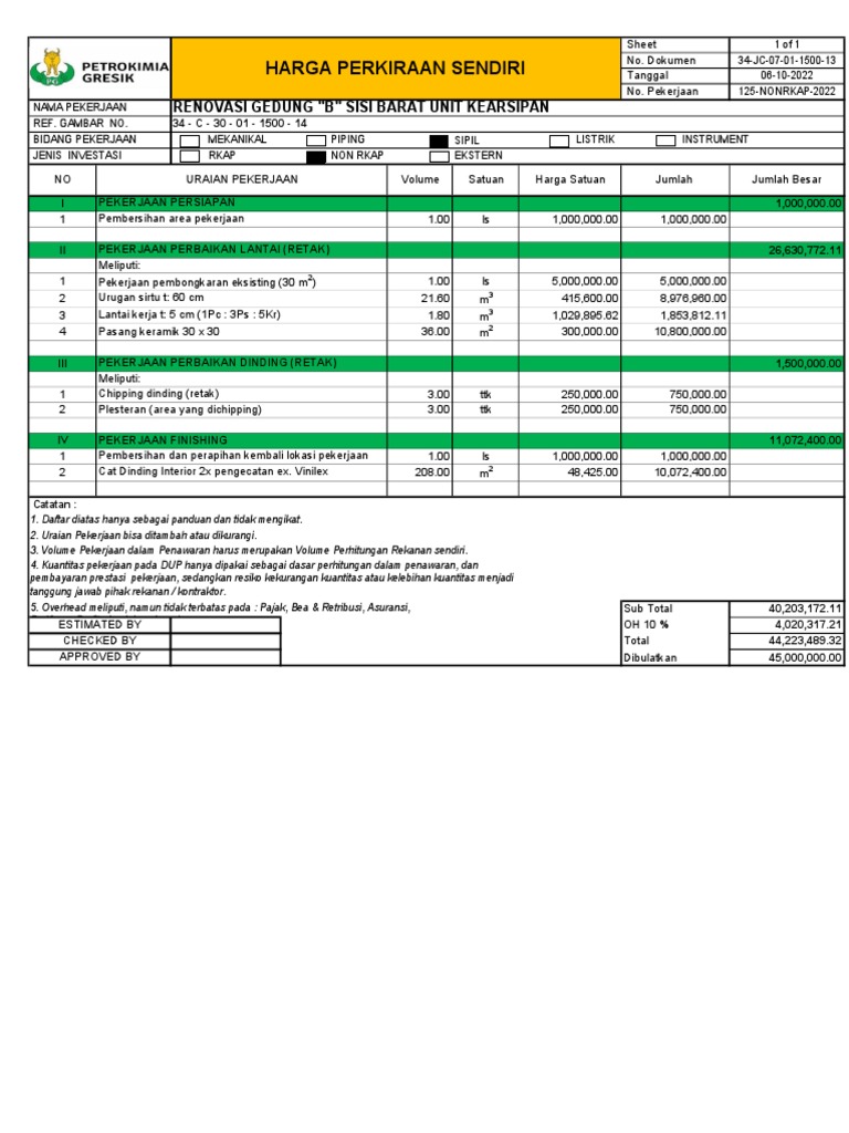Harga Perkiraan Sendiri: Renovasi Gedung "B" Sisi Barat Unit Kearsipan ...