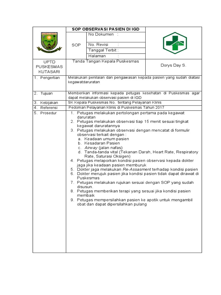 Sop Observasi Pasien Di Igd | PDF