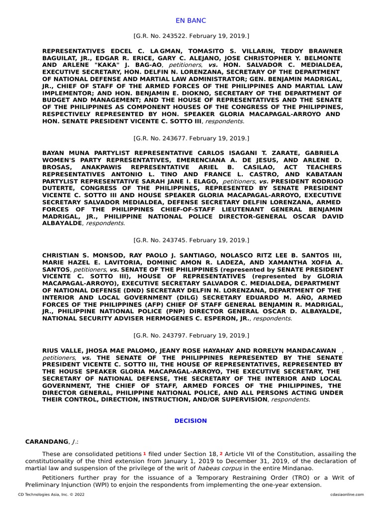 2 Lagman Vs Medialdea - 2019 | PDF | Martial Law | Habeas Corpus