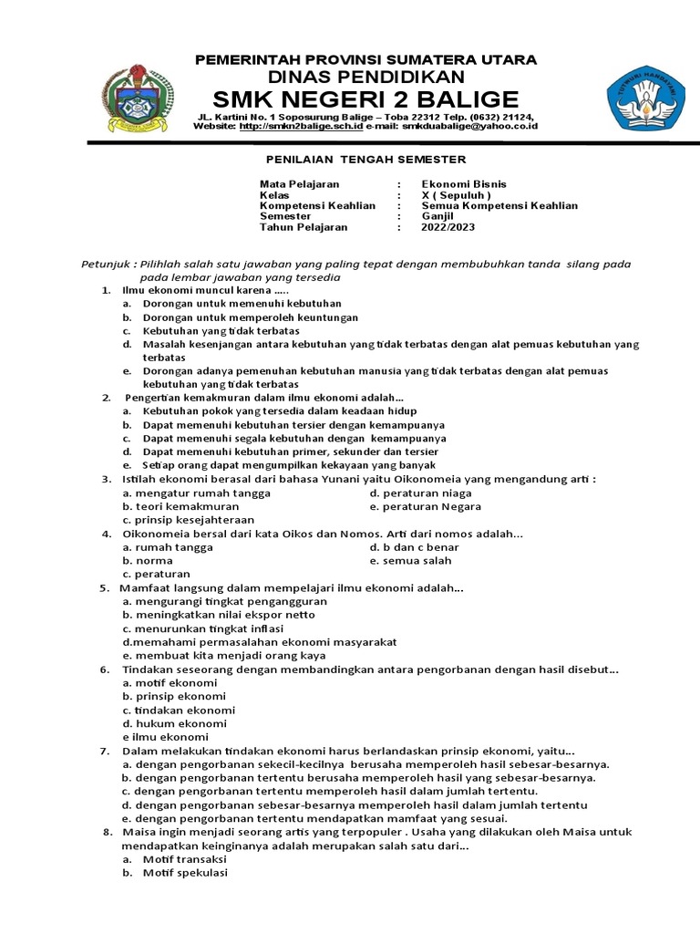 Penilaian Ekonomi Bisnis Kelas X SMK | PDF