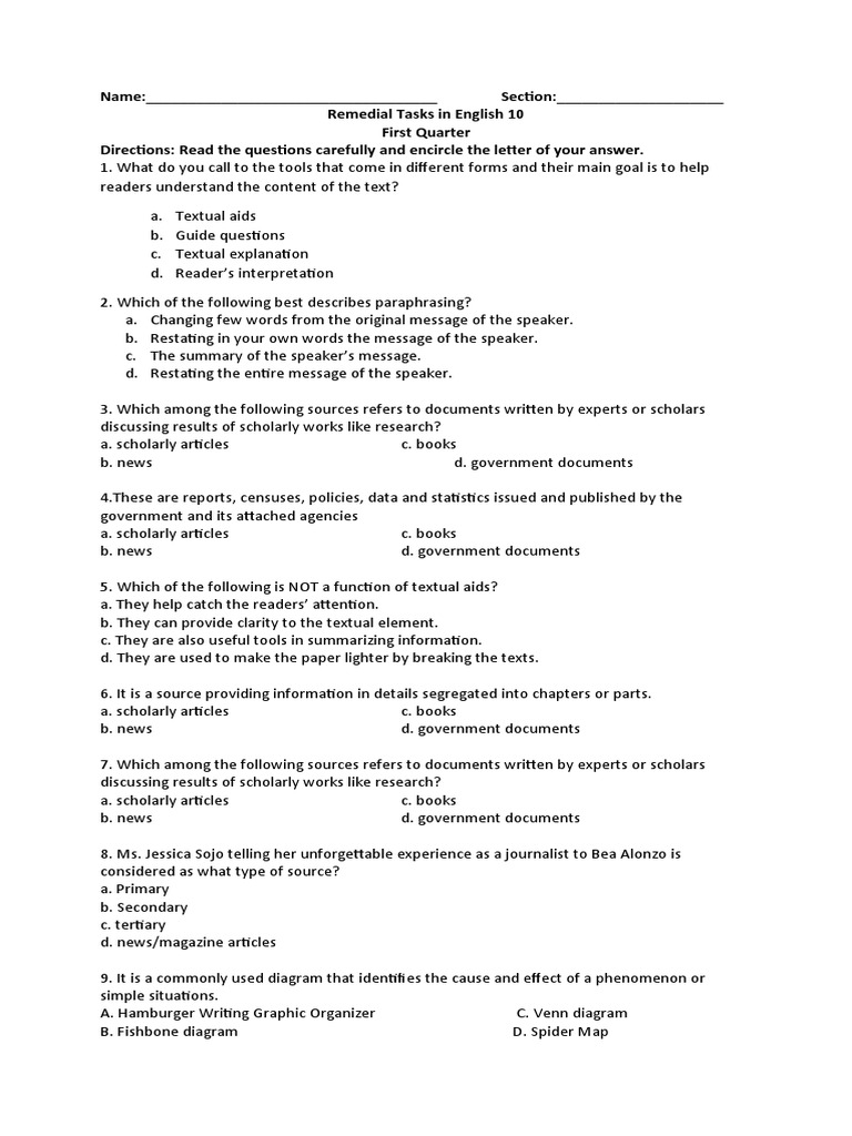Remedial English Assessment: Analyzing Textual Elements, Identifying Source Types, and ...