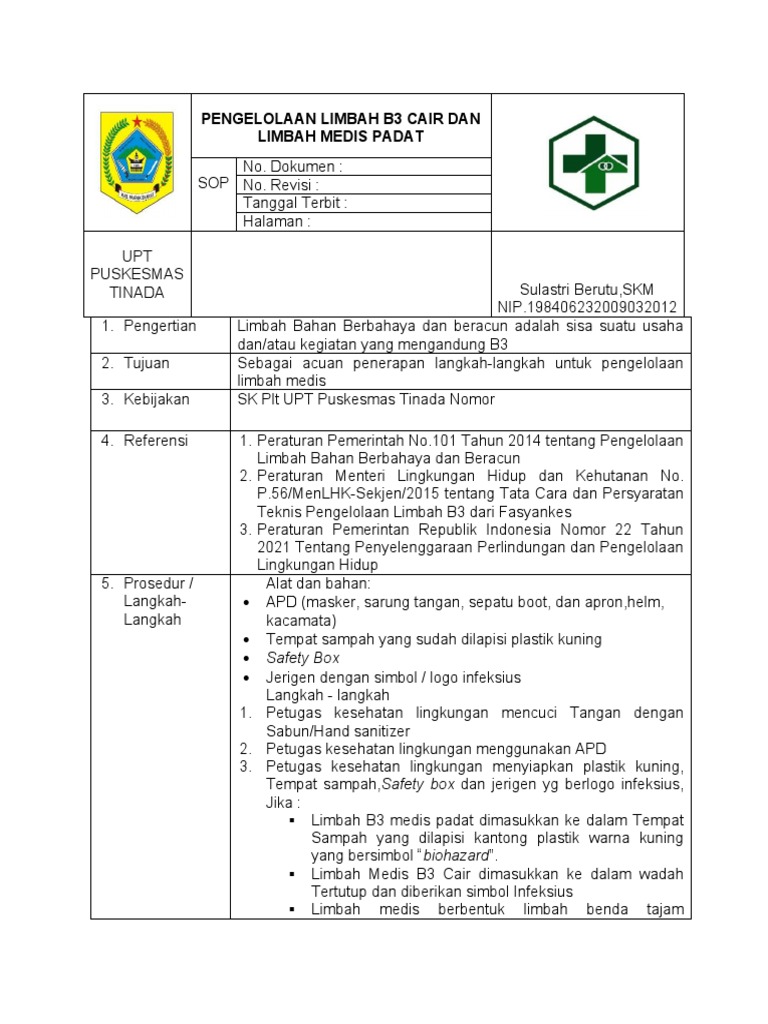 Sop Pengelolaan Limbah B3 Medis | PDF