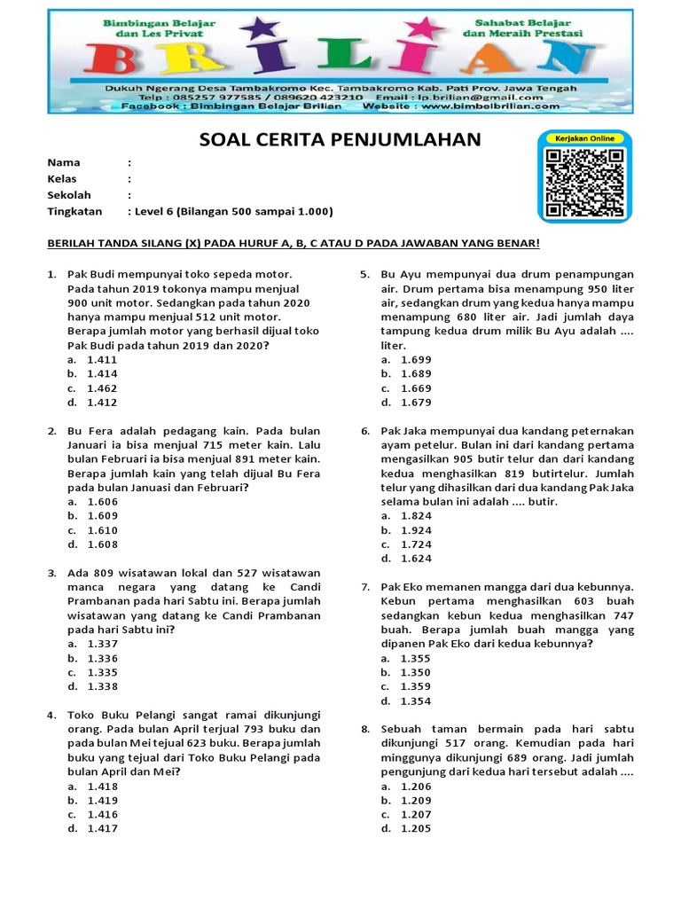 Soal Cerita Penjumlahan Kelas 3 SD - Level 6 Bilangan 500 - 1.000 | PDF