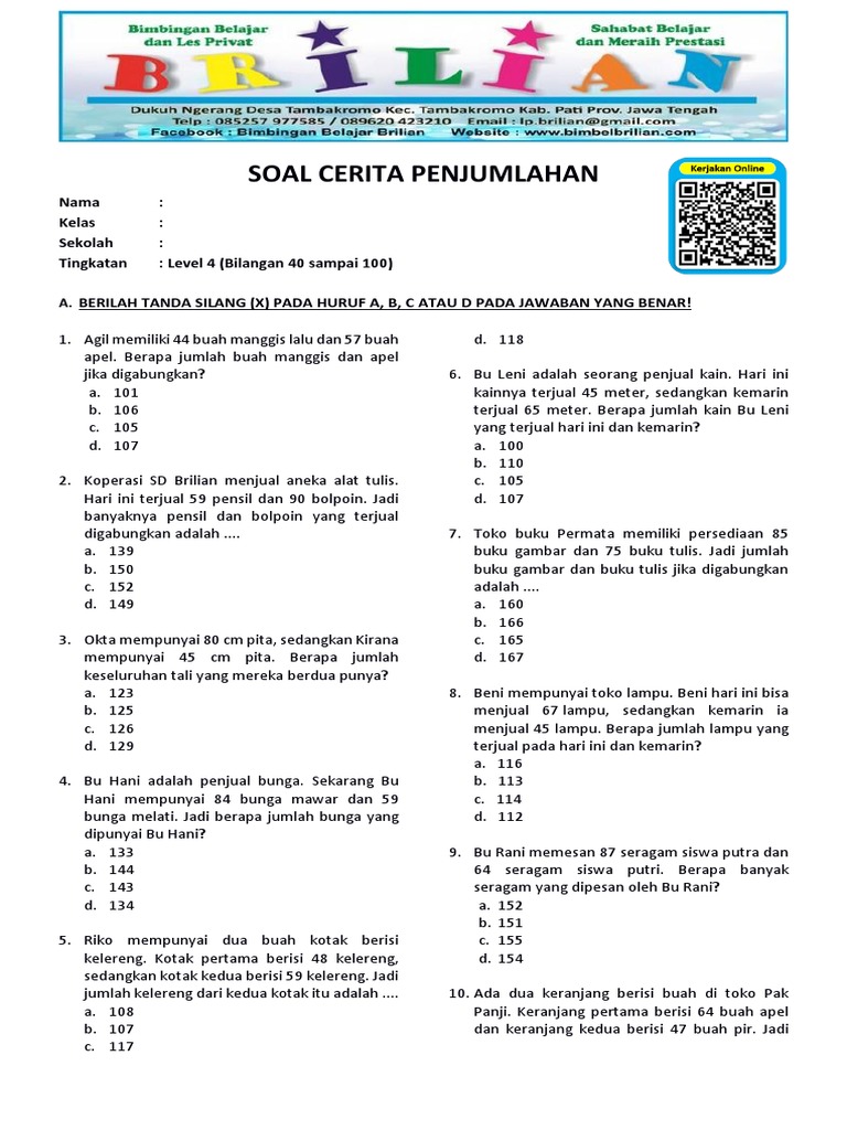 Soal Cerita Penjumlahan Kelas 2 SD - Level 4 Bilangan 40 - 100 | PDF