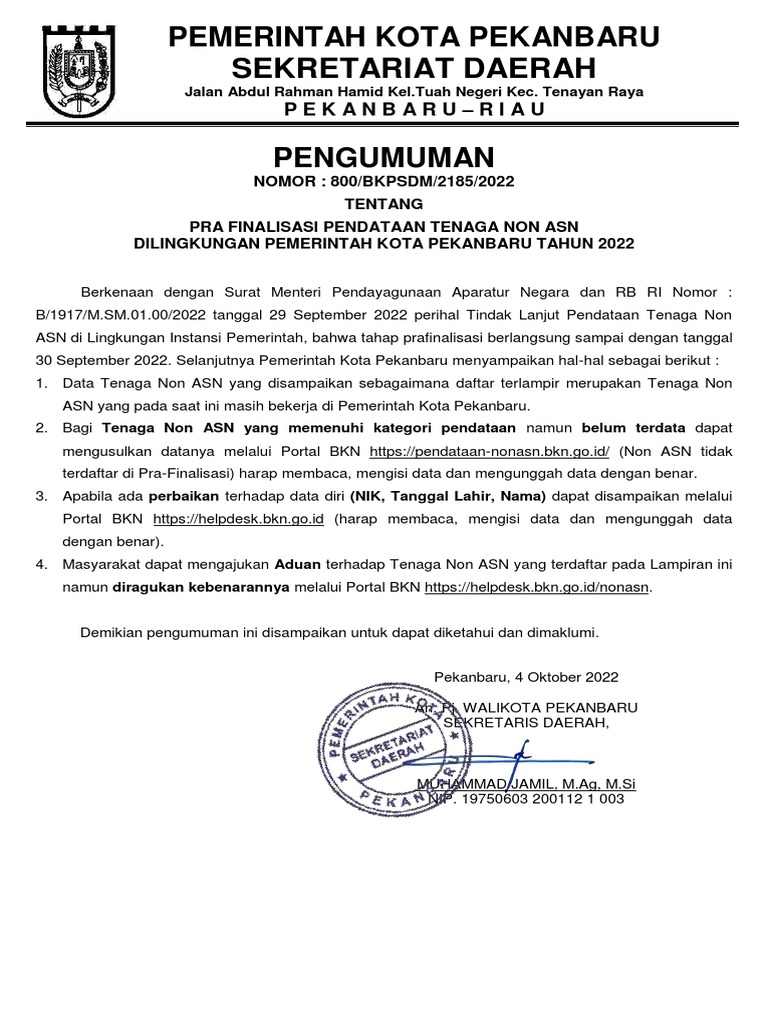 Pengumuman Pra Finalisasi Pendataan Tenaga Non ASN | PDF