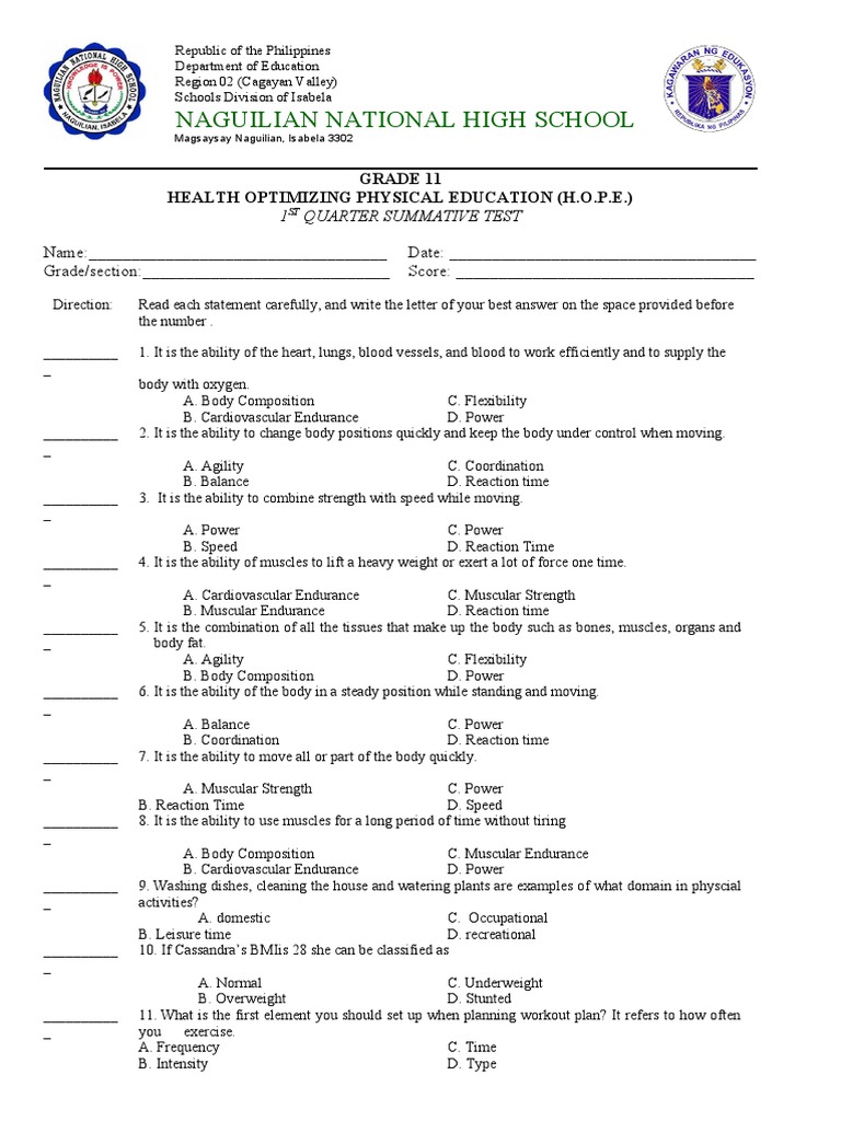 1st Quarter Summative Test PHYSICAL EDUCATION | PDF | Physical Fitness ...