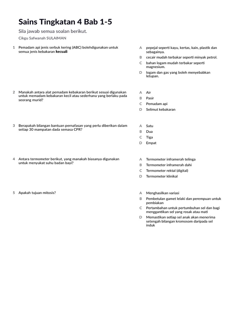 Sains Tingkatan 4 Bab 1-5 - Plickers | PDF