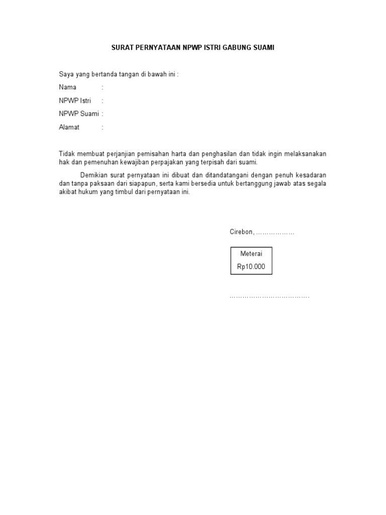 Surat Pernyataan NPWP Istri Gabung Suami | PDF