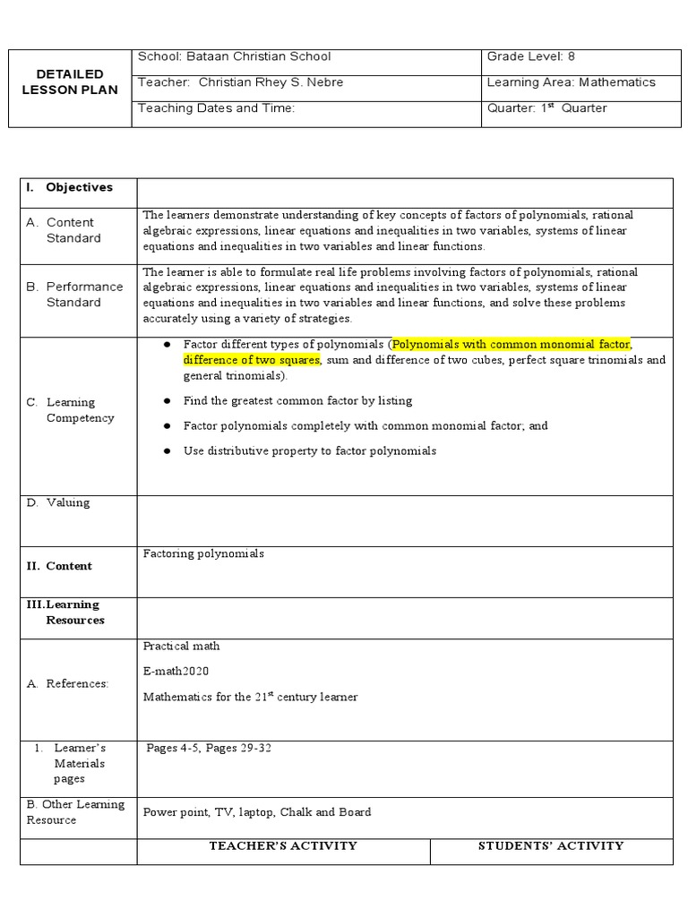 Lp Week1 Polynomials With Common Monomial Factor Pdf 9346