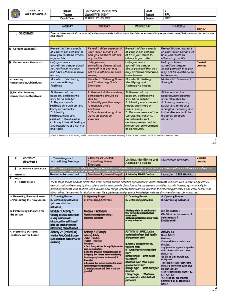 PFA DLL August 22 26 2022 | PDF | Learning | Teachers