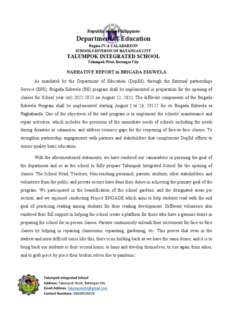Narrative Report Brigada Eskwela | PDF