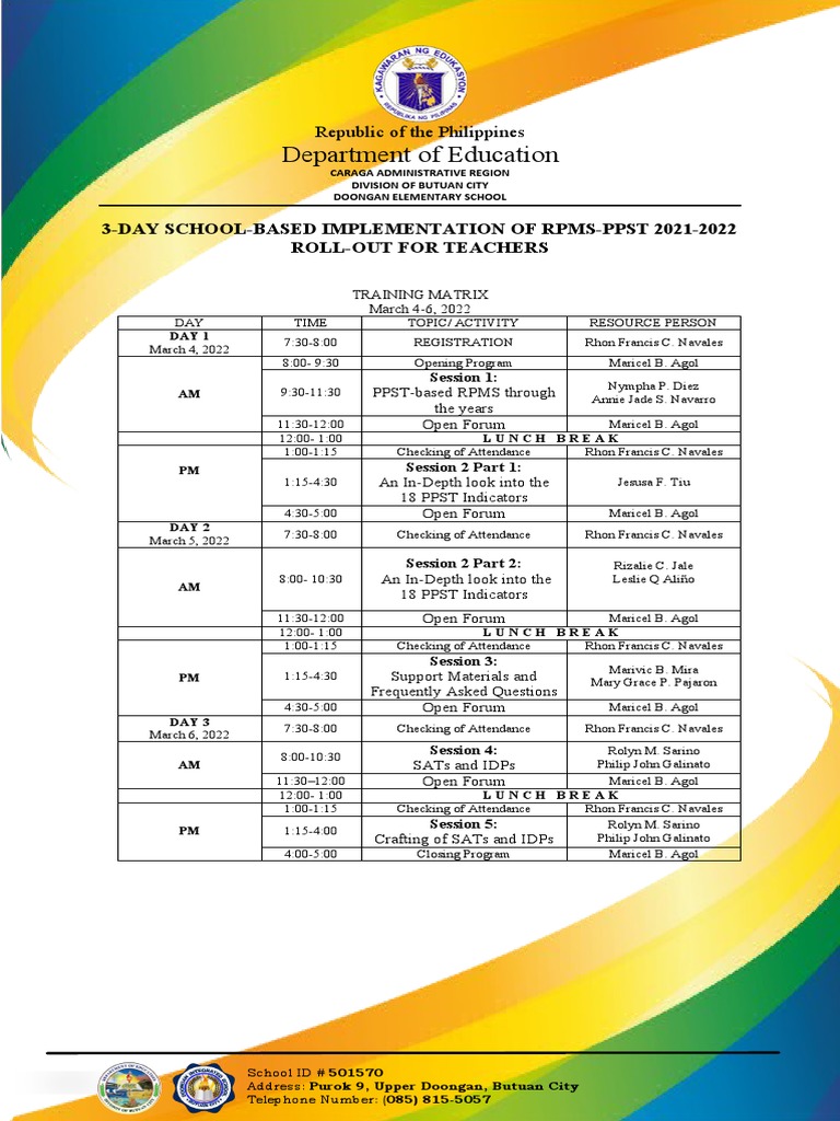 RPMS 2021 2022 Training Matrix and Prog | PDF