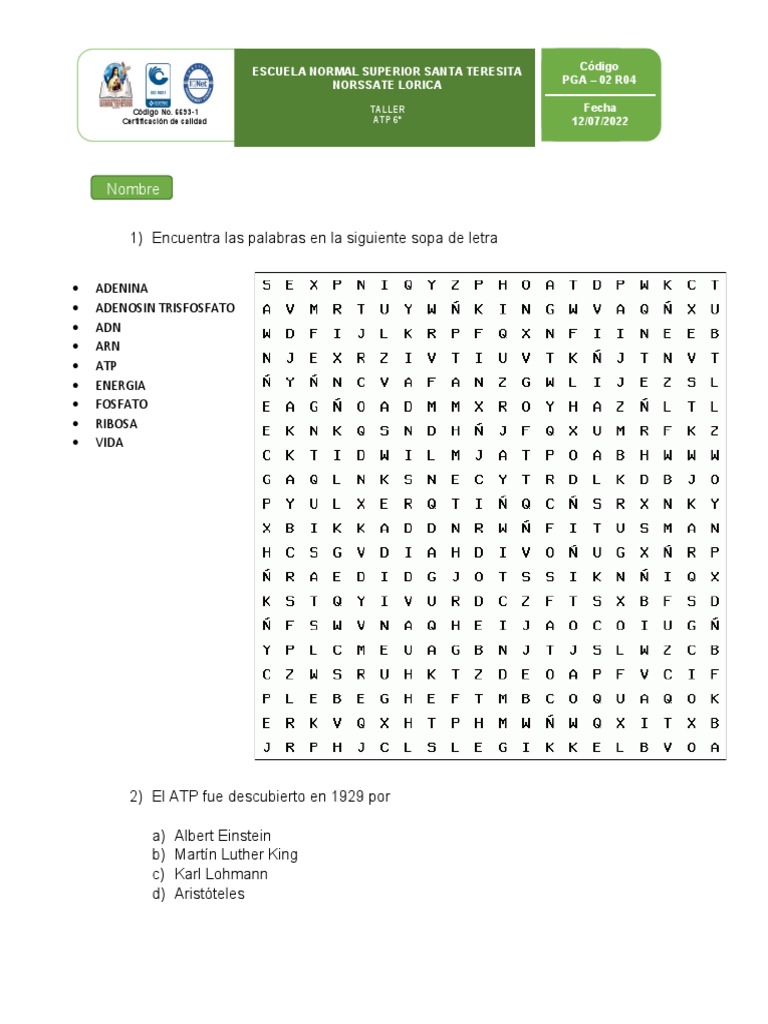 Taller - Ciencias 6° - ATP | PDF