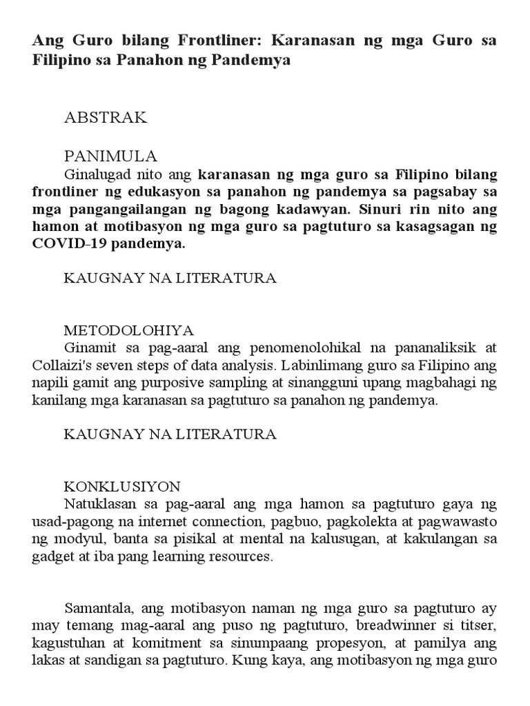 Abstrak Panimula: Ang Guro Bilang Frontliner: Karanasan NG Mga Guro Sa Filipino Sa Panahon NG ...