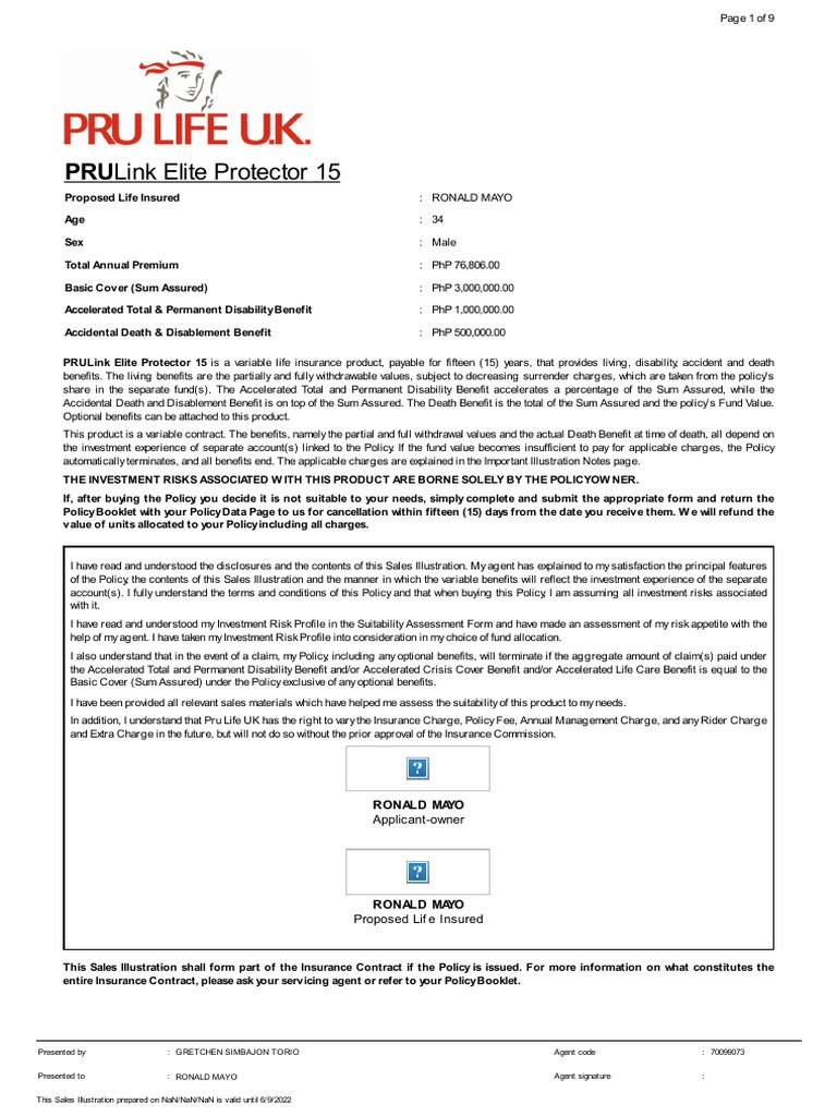 PRULink Elite Protector 15 sales illustration | PDF | Insurance | Investing