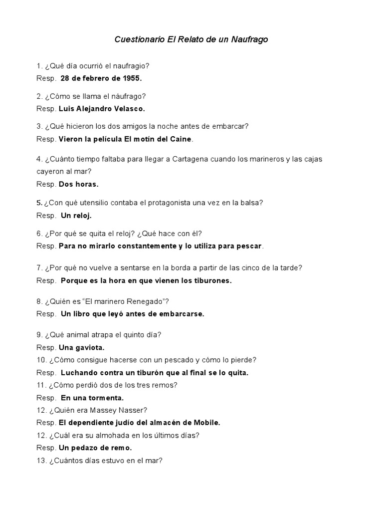 Cuestionario 1°A - B Medio Relato de Un Naufrago | PDF | Viajes y ...