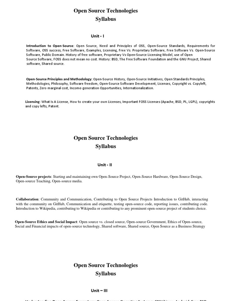 Open Source Technologies Syllabus: Unit - I | PDF | Free Software | Operating System