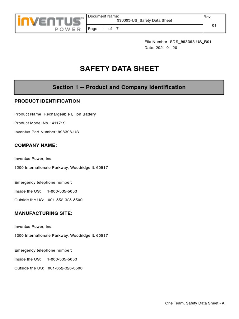 Li-ion Battery Safety Data Sheet | PDF | Rechargeable Battery | Materials