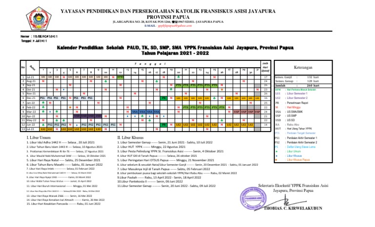 Kalender Pendidikan YPPK FA 2021-2022 | PDF