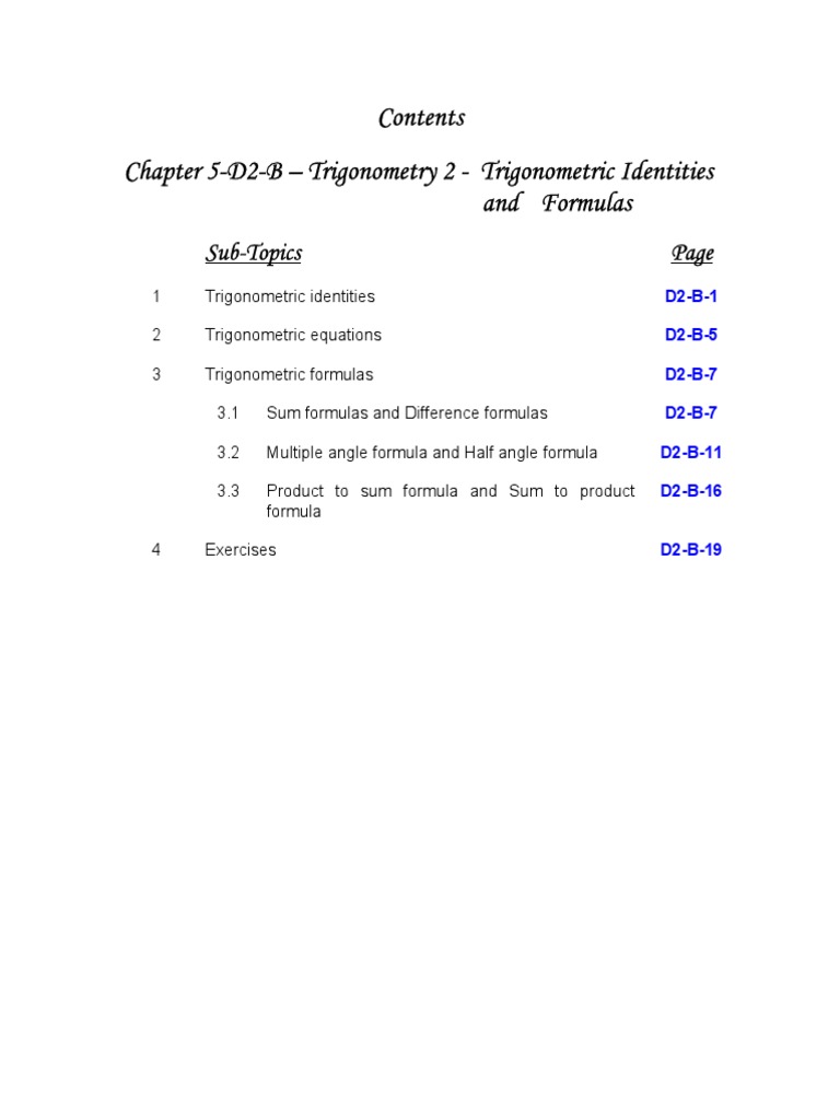 Chap5 D2-B 1 Contents Trig Identities | PDF