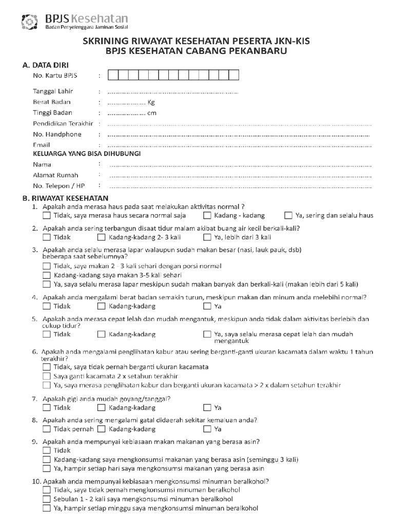 Form. Skrining Riwayat Kesehatan Peserta JKN-KIS | PDF