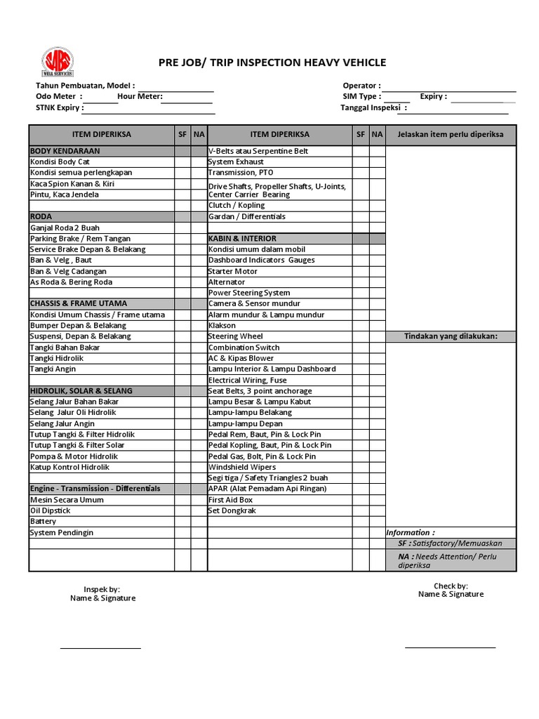 Pre-Use Inspection Checklist for Vehicles | PDF | Manufactured Goods ...