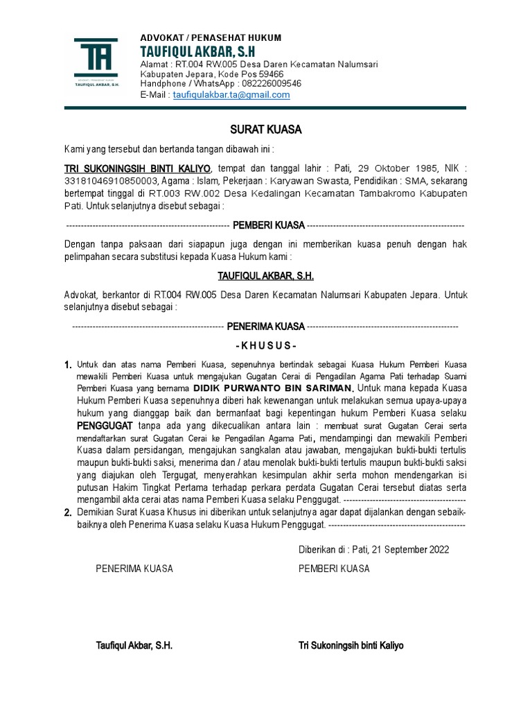 Surat Kuasa Gugatan Cerai | PDF