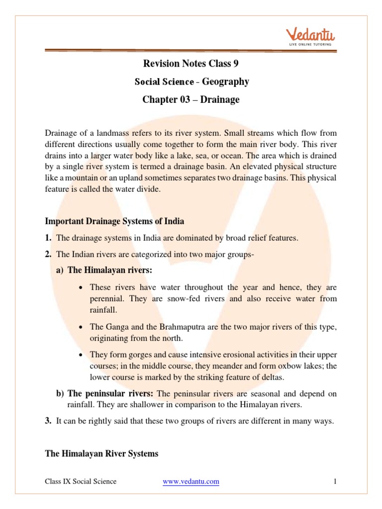 CBSE Class 9 Geography Chapter 3 Notes - Drainage | PDF