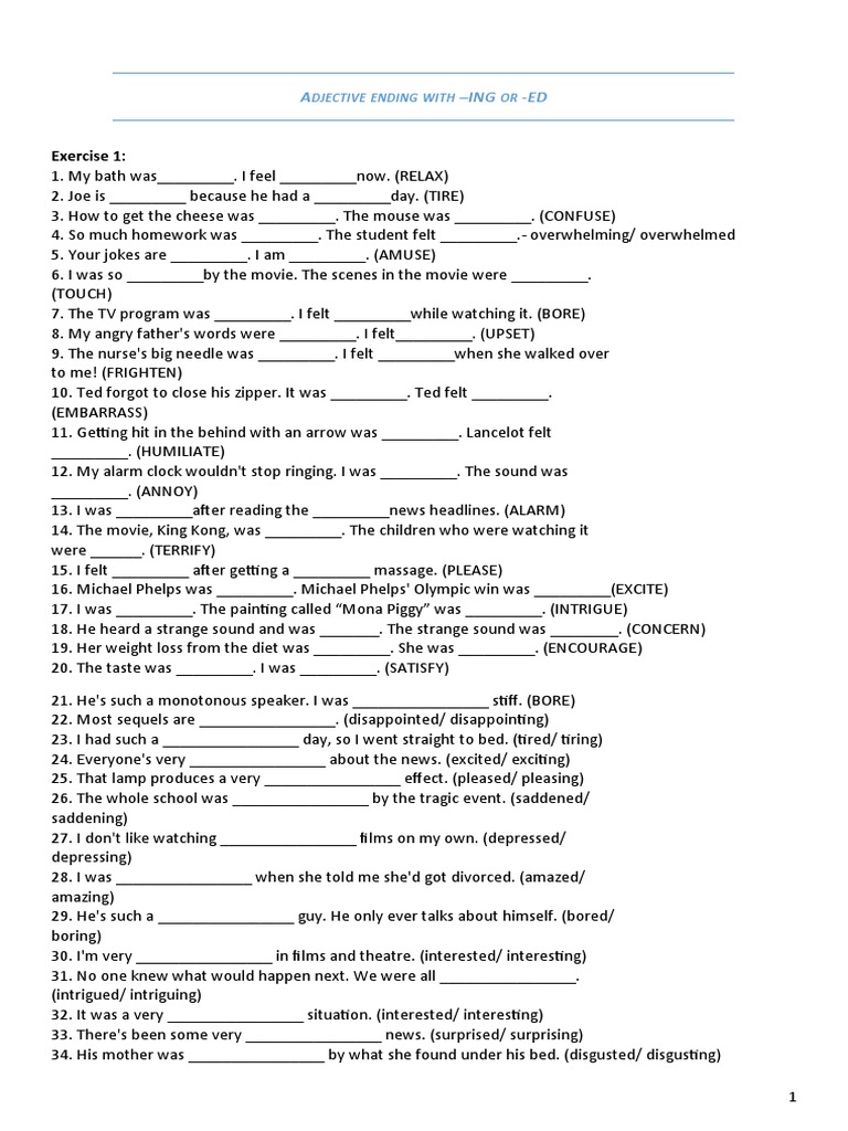 Adjective Exercise: -ing or -ed Endings | PDF | Language Arts & Discipline