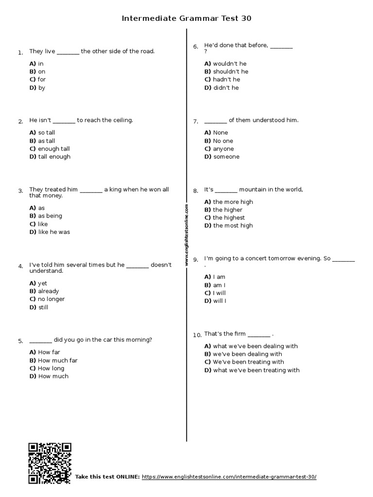 Intermediate Grammar Test 30 Answers | PDF