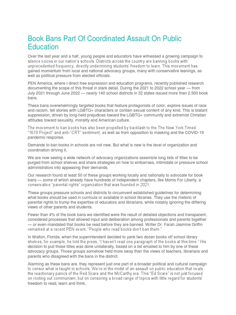 Book Bans Part of Coordinated Assault On Public Education | PDF