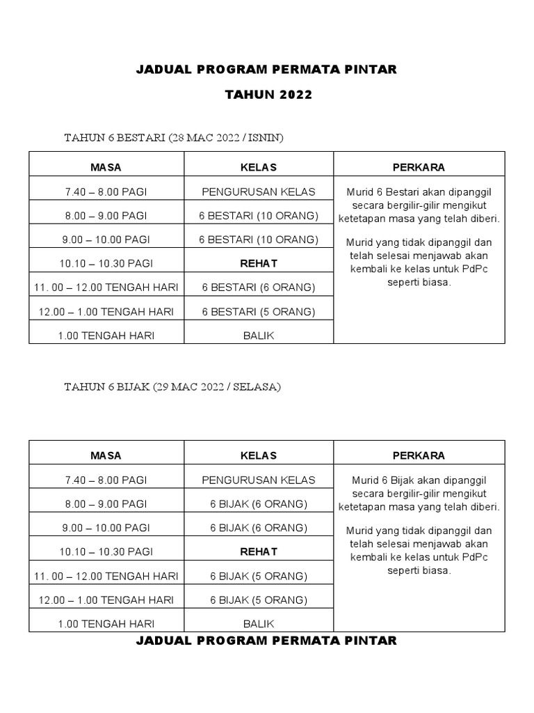 Jadual Program Permata Pintar 2022 | PDF