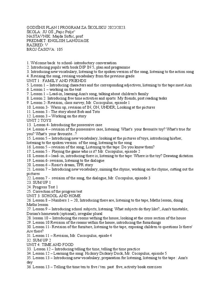 Godišnji Plan I Program Za 5 Razred | PDF | Linguistics | Human Communication